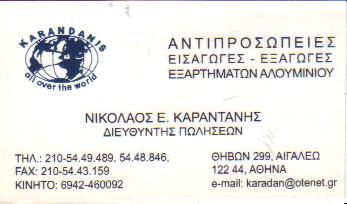 ΕΙΣΑΓΩΓΕΣ, ΑΛΟΥΜΙΝΙΟΥ, ΕΞΑΡΤΗΜΑΤΑ, ΣΙΔΗΡΟΥ, ΑΙΓΑΛΕΩ, ΚΑΡΑΝΤΑΝΗΣ ΝΙΚΟΛΑΟΣ